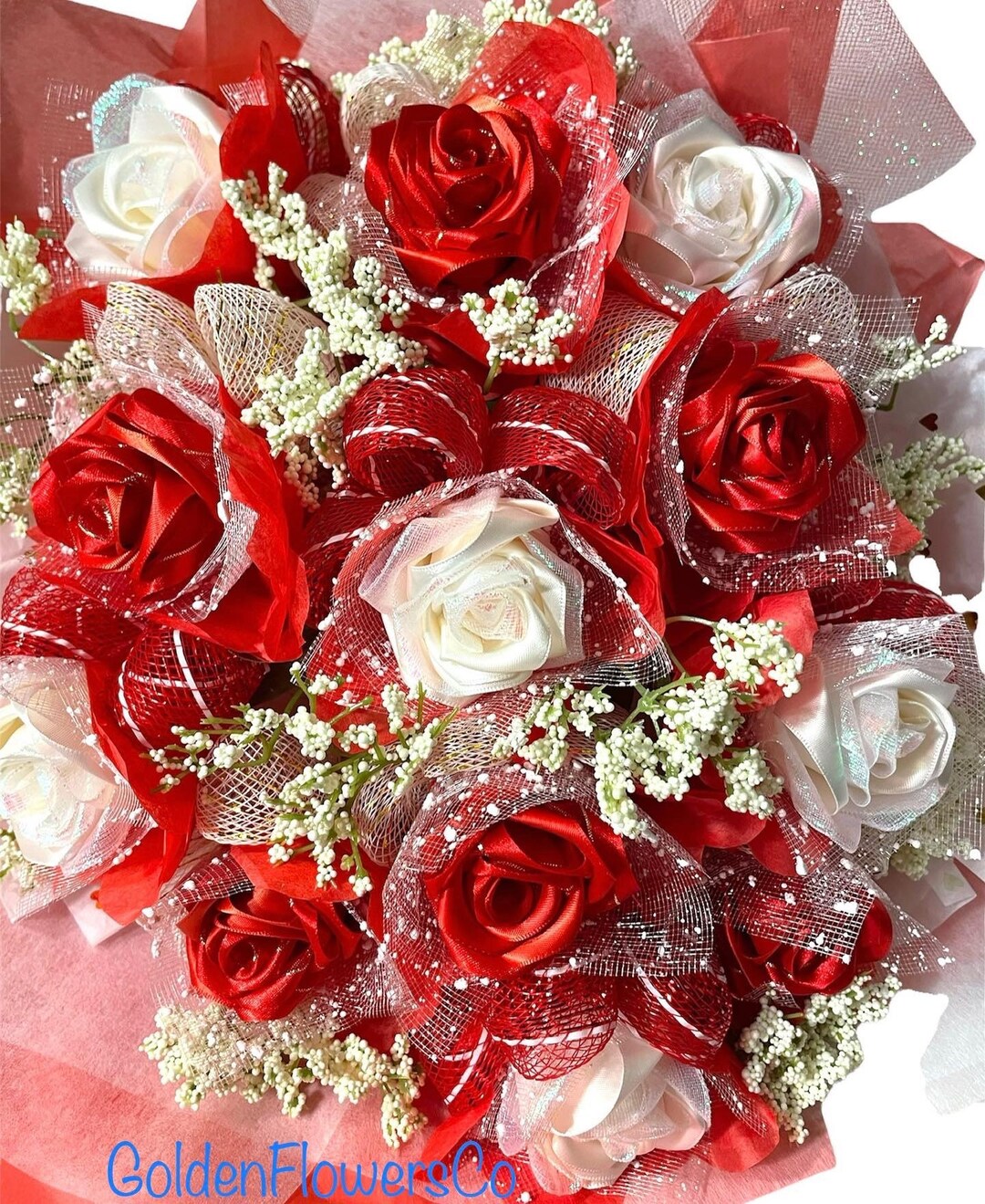 Everlasting Dozen Red and White Ribbon Roses Bouquet Wrapped Hong Kong ...