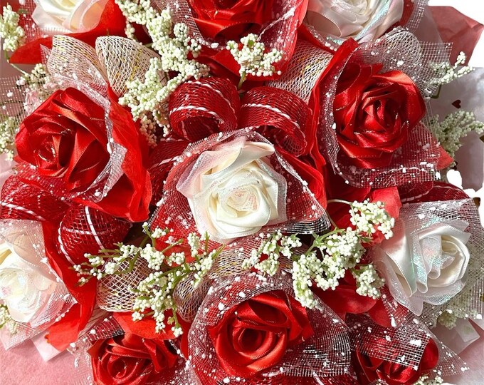 Everlasting Dozen Red and White Ribbon Roses Bouquet Wrapped Hong Kong ...