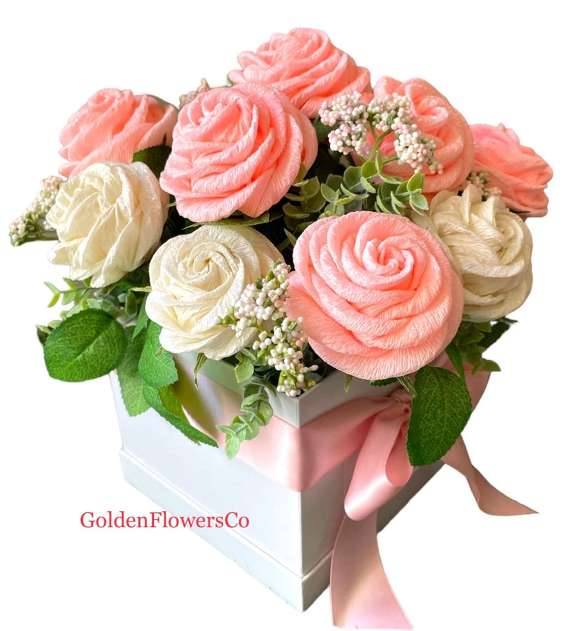 White and Pink Crepe Paper Roses With Glitter Box Flower Gift Decor for ...