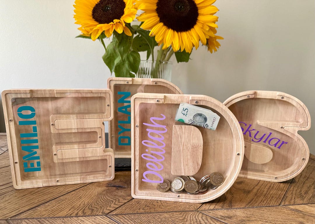 Personalised Wooden Letter Alphabet Money Box Piggy Bank – Custom Gift ...