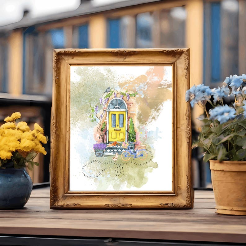 Yellow Cottage Door Print, Watercolor Floral Art, Colorful Spring Wall ...