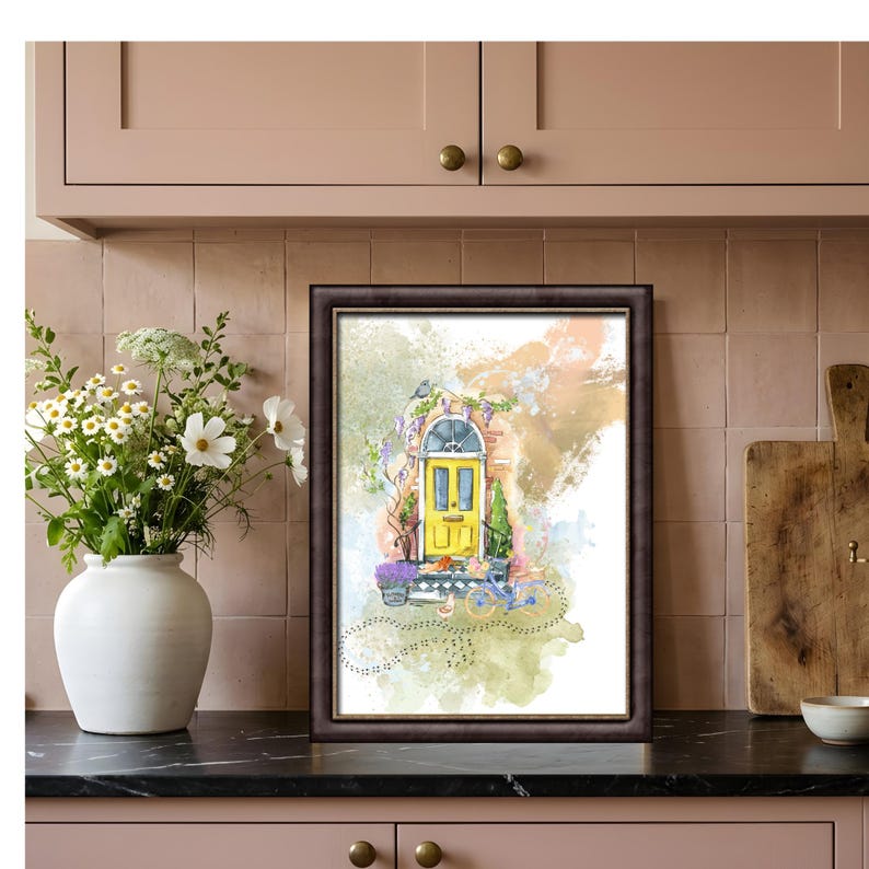 Yellow Cottage Door Print, Watercolor Floral Art, Colorful Spring Wall ...