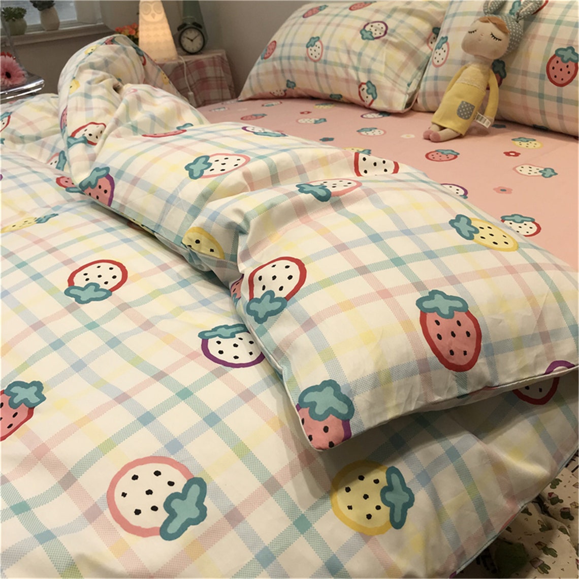 Princess Cute Strawberry Colored Grid Cotton Duvet Covers Us Etsy