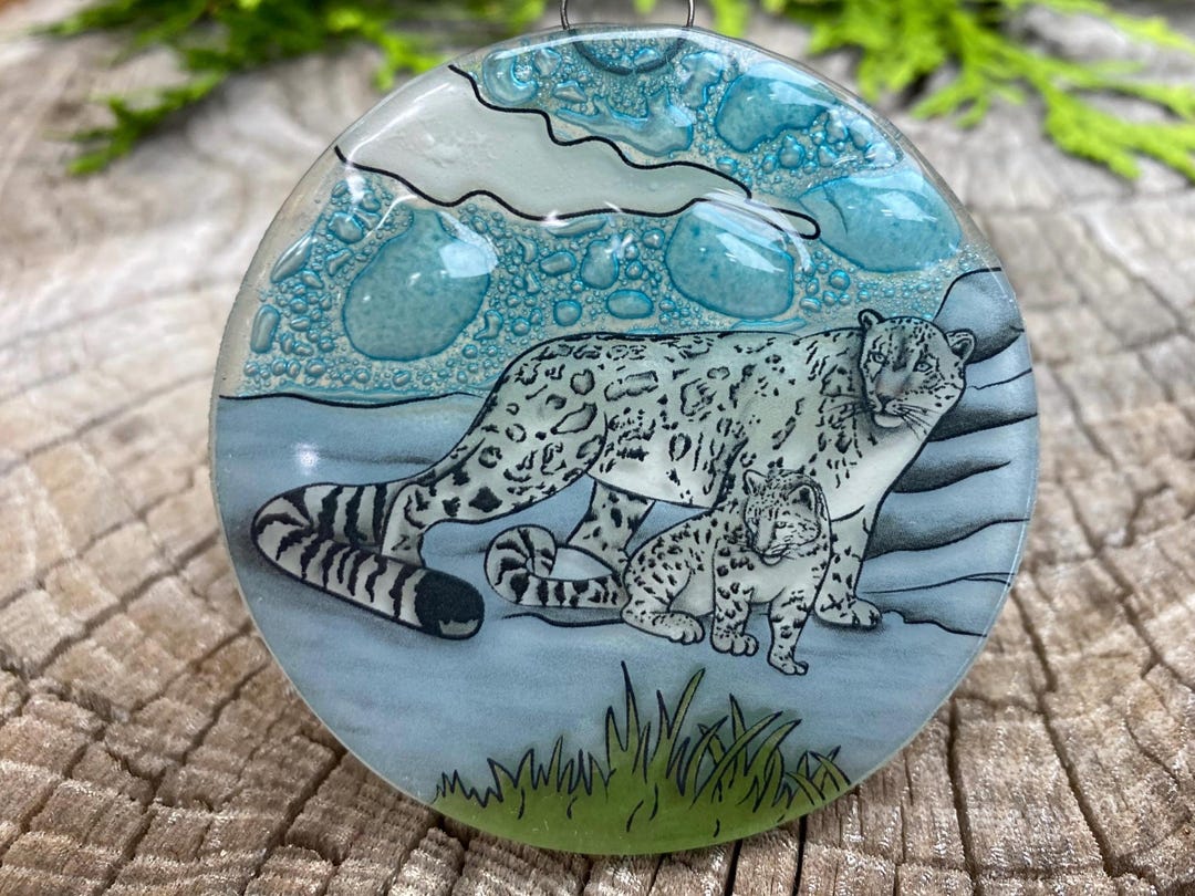 Snow Leopard Christmas Tree Ornament - Art Glass Light Catcher Glass ...