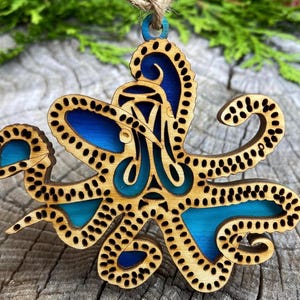 Octopus Coastal Christmas Tree Ornament, Handcrafted Wood Holiday ...