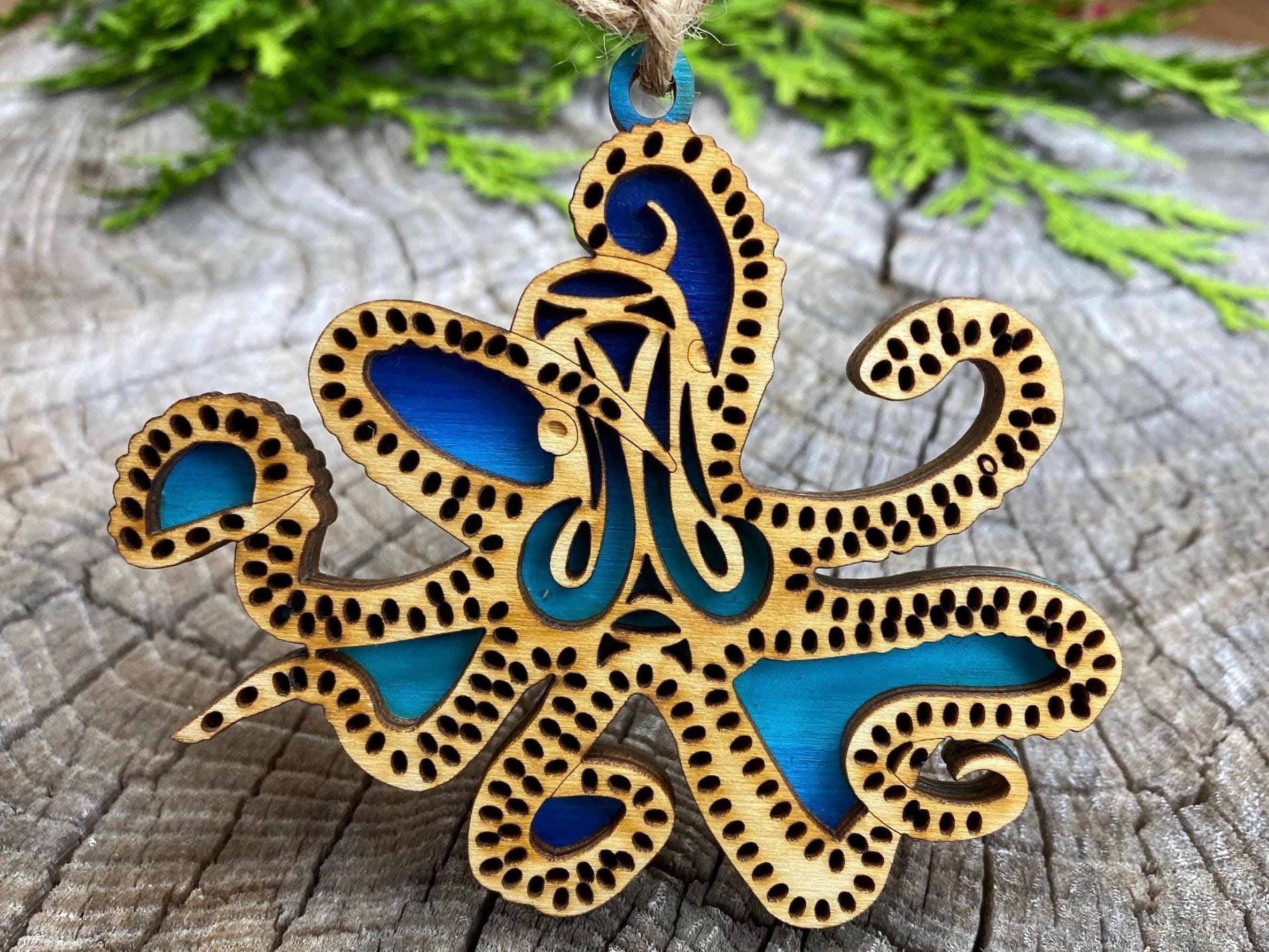 Octopus Coastal Christmas Tree Ornament, Handcrafted Wood Holiday ...