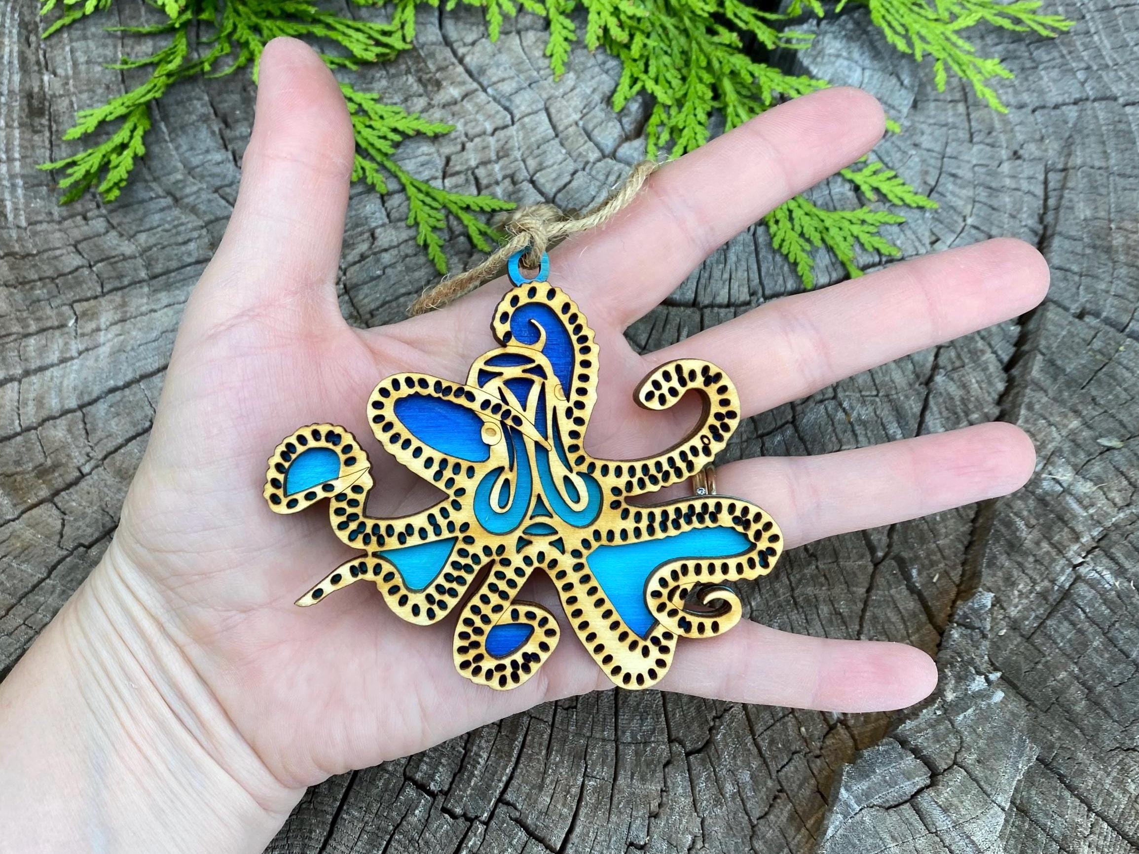 Octopus Coastal Christmas Tree Ornament, Handcrafted Wood Holiday ...