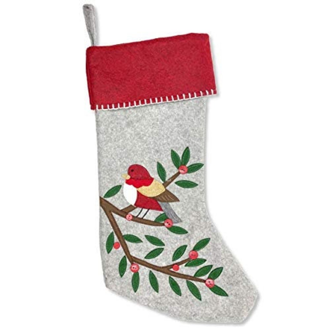 Holiday Wool Stocking With Appplique Song Bird Decoration Christmas ...