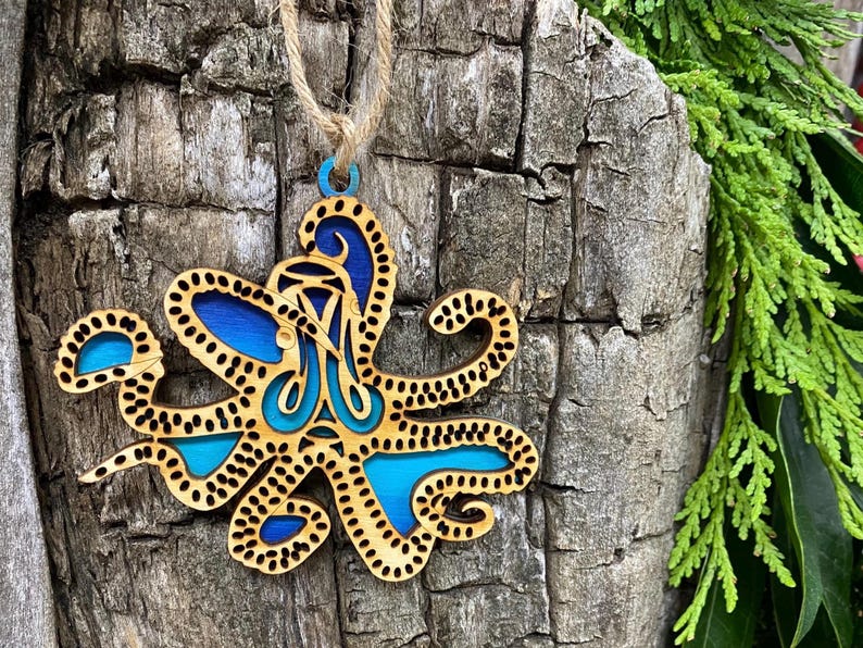Octopus Coastal Christmas Tree Ornament, Handcrafted Wood Holiday ...