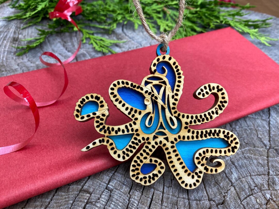 Octopus Coastal Christmas Tree Ornament, Handcrafted Wood Holiday ...
