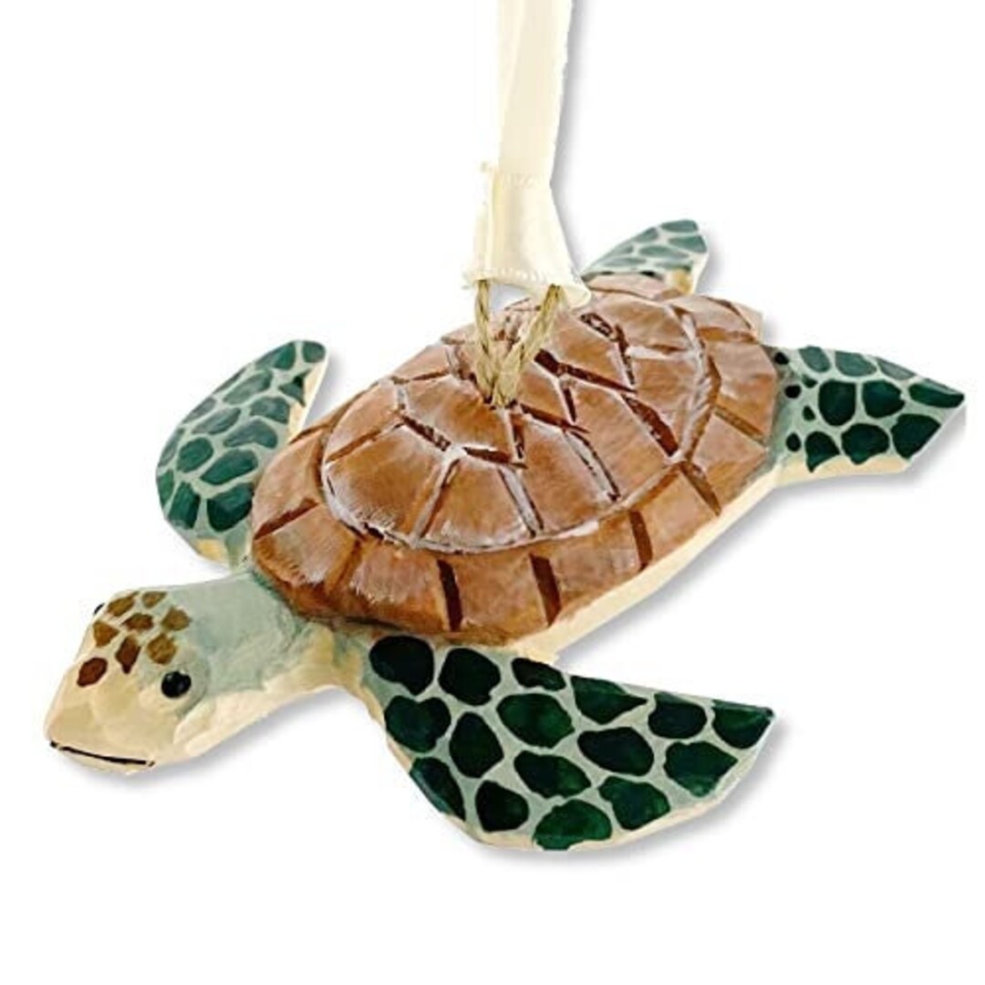 Sea Turtle Ornament Wood Carved Art Hanging Figurine, Green Brown Hand ...