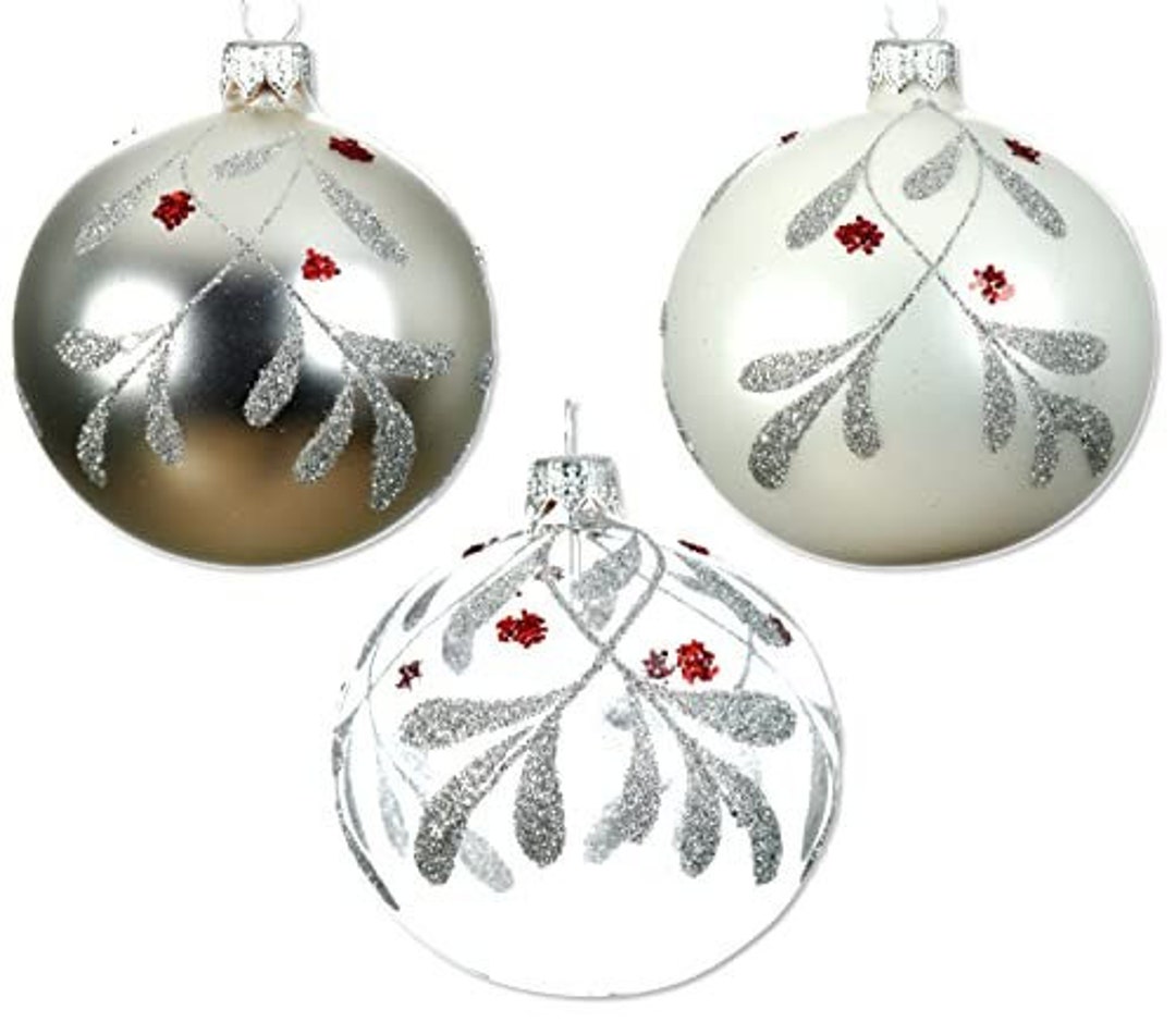 Silver and White Blown Glass Ornaments Set of 3 Clear, White, and ...