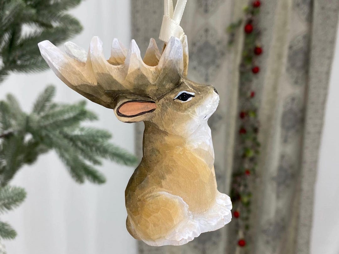 Jackalope Ornament – Wood Carved Art Hanging Figurine Jack Rabbit ...