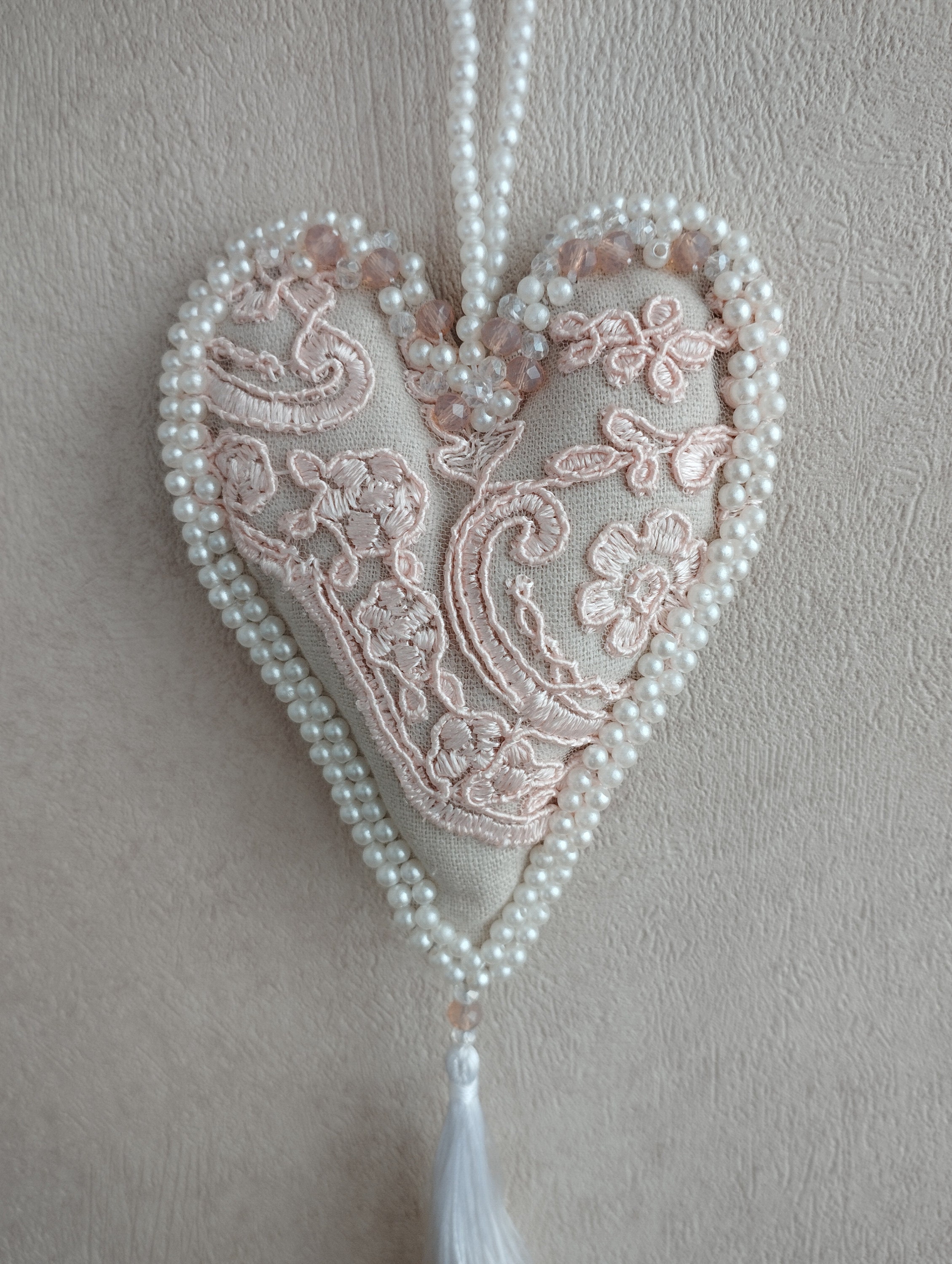 Handmade Linen Heart, Embroidered Beaded Ornament - Etsy