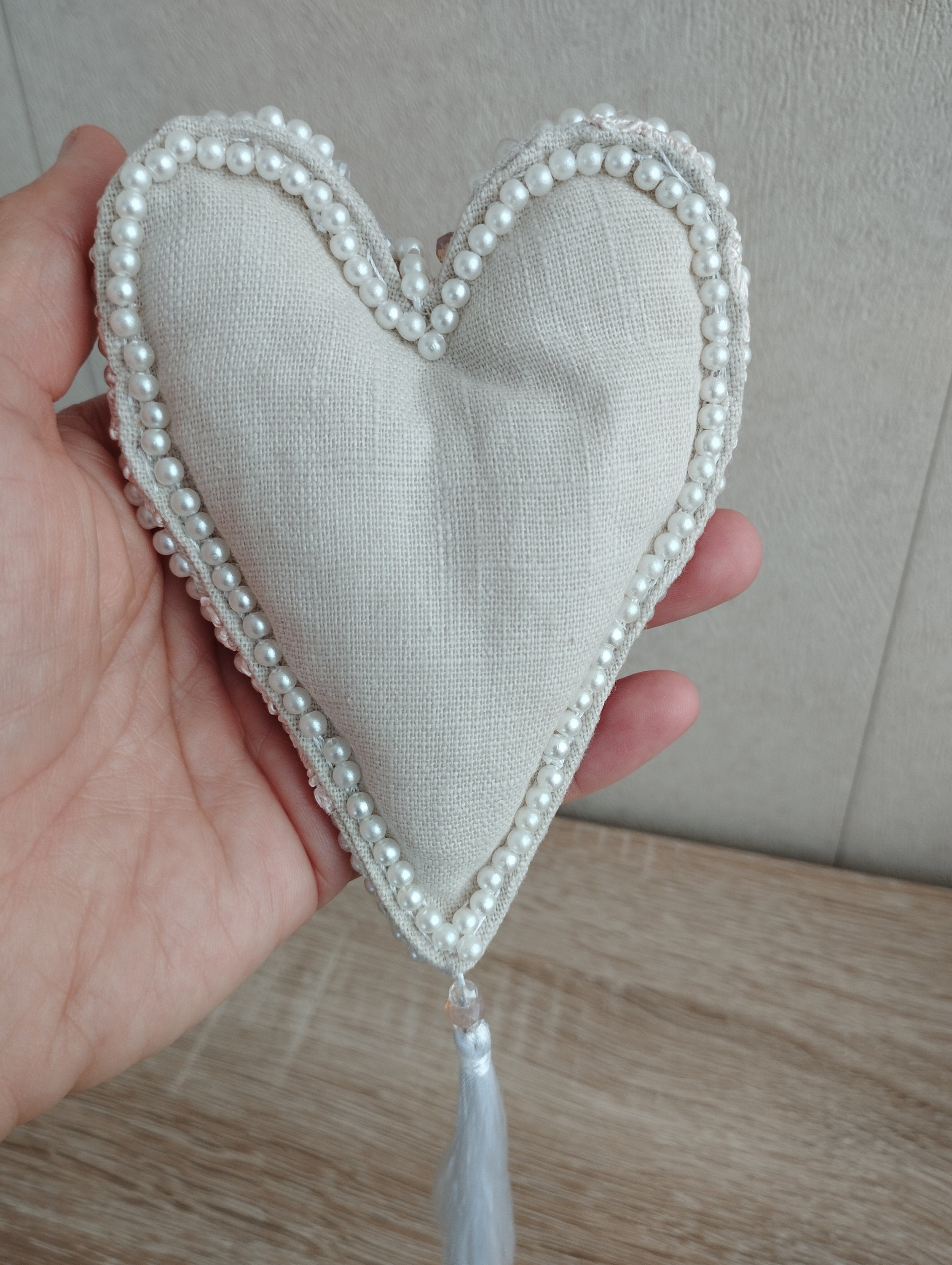 Handmade Linen Heart, Embroidered Beaded Ornament - Etsy