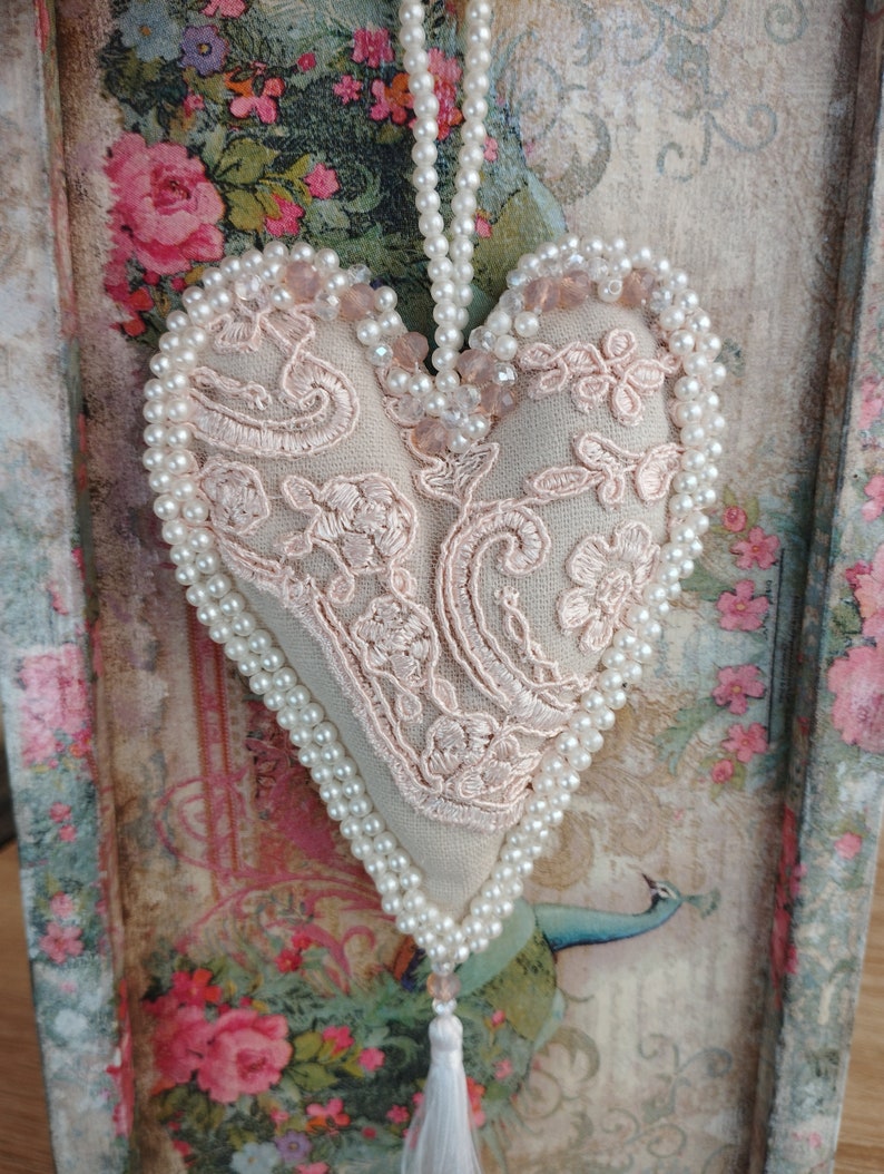 Handmade Linen Heart, Embroidered Beaded Ornament - Etsy