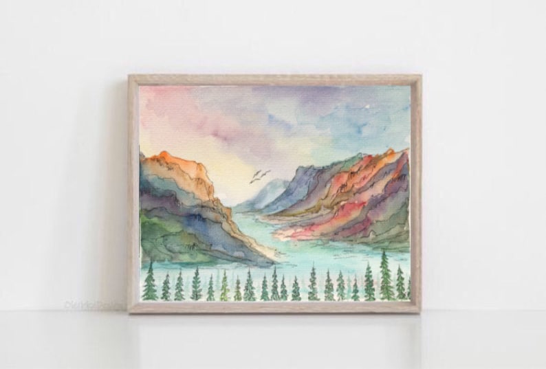 Yellowstone National Park Painting: Original Watercolor Mountain ...