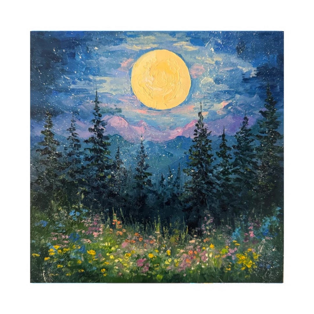 Full Moon Landscape Painting Pine Trees Original Art Night Forest Oil Painting Moonlight Wall ...