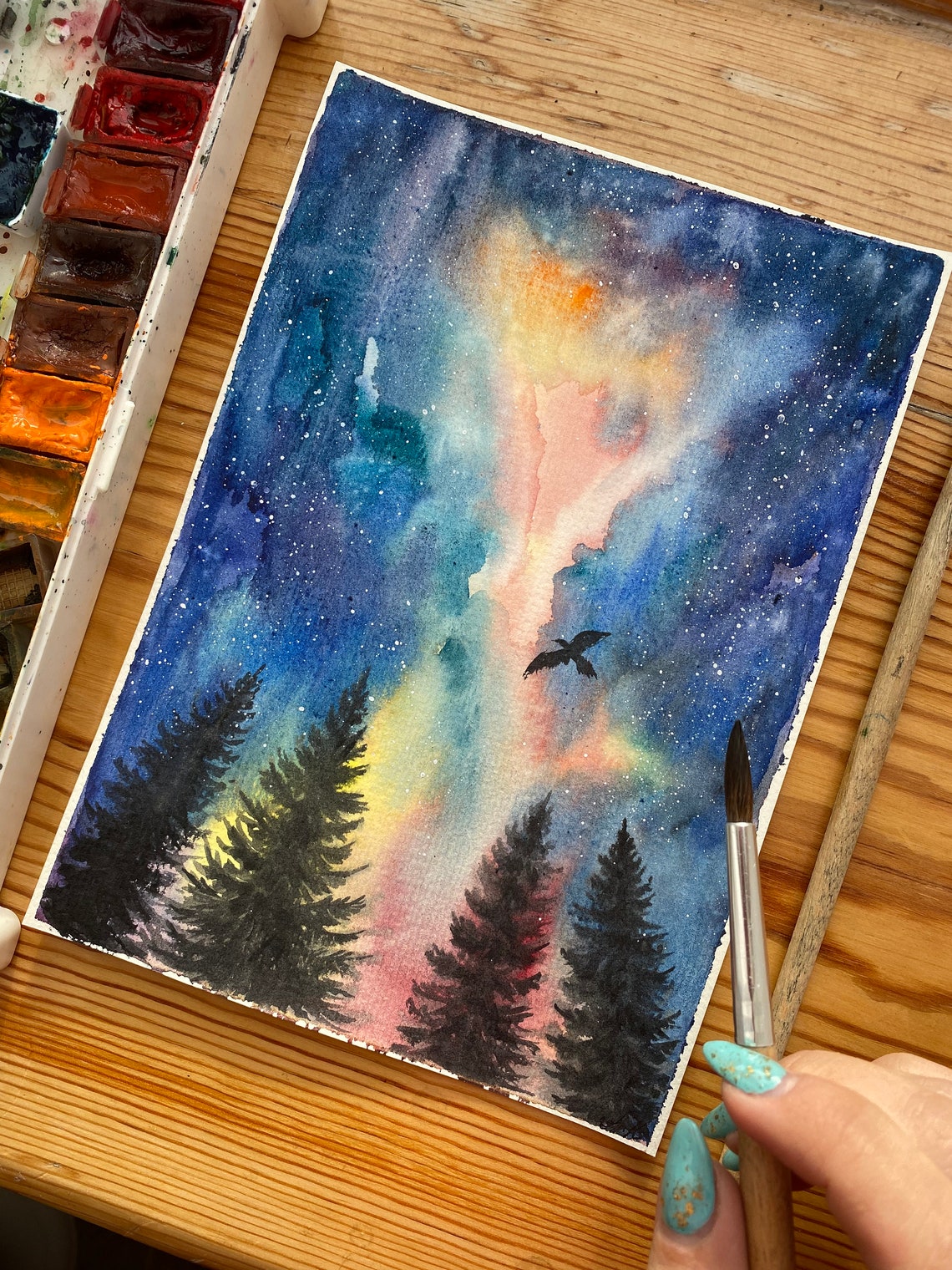 Night Forest Painting Original Art Watercolor Forest Wall Art | Etsy