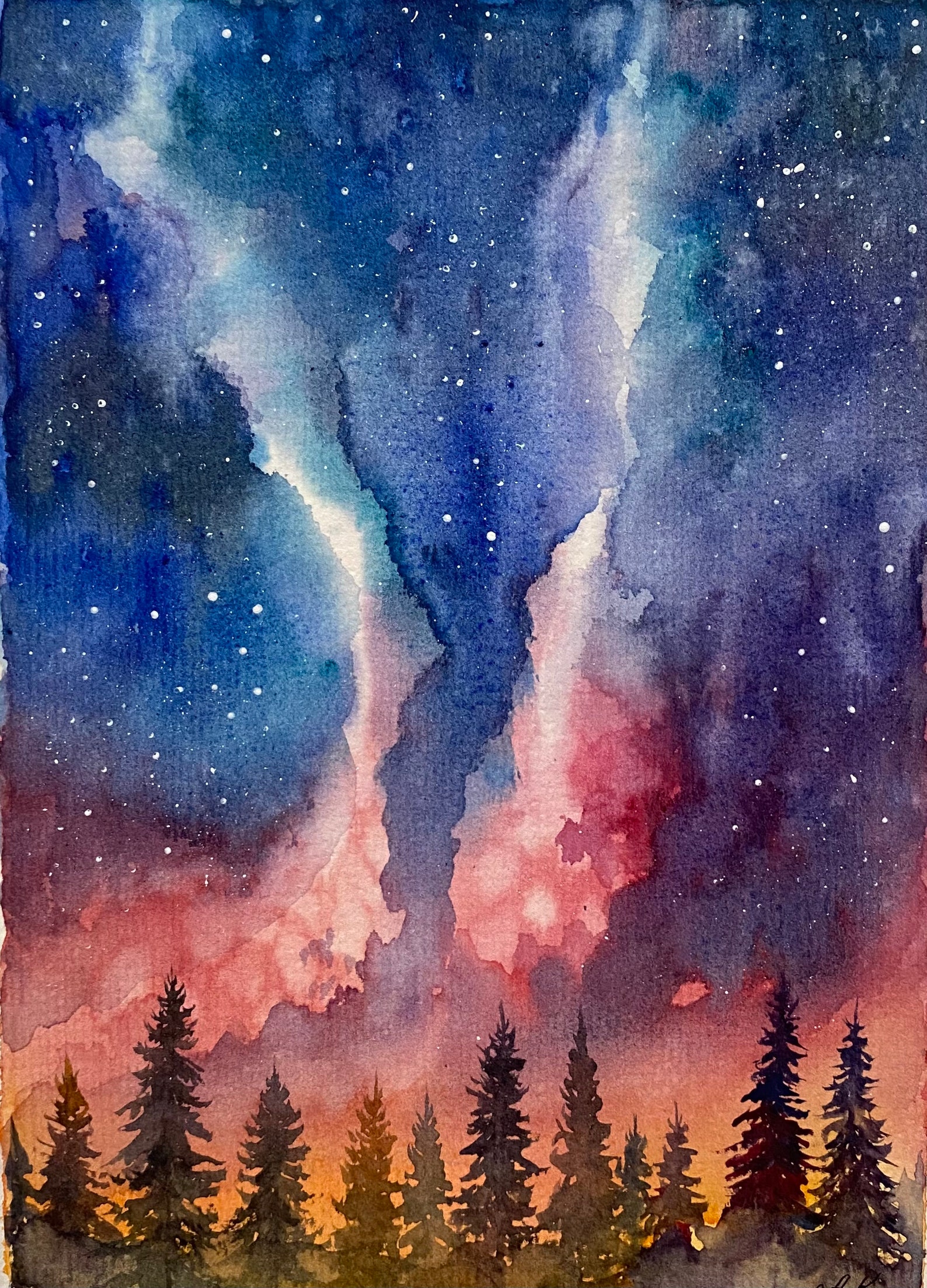 Night Sky Painting Original Art Watercolor Forest Wall Art - Etsy