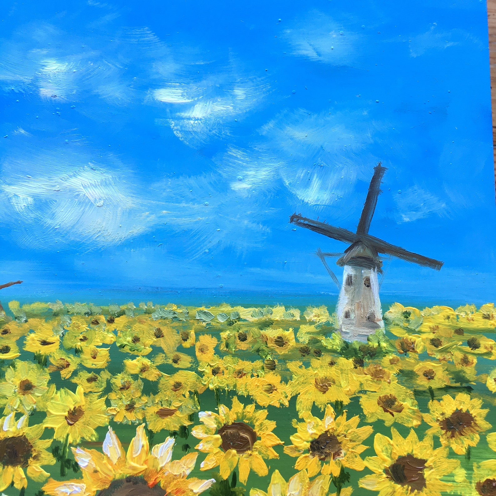 Windmill Painting Sunflower Original Art Holland Landscape - Etsy