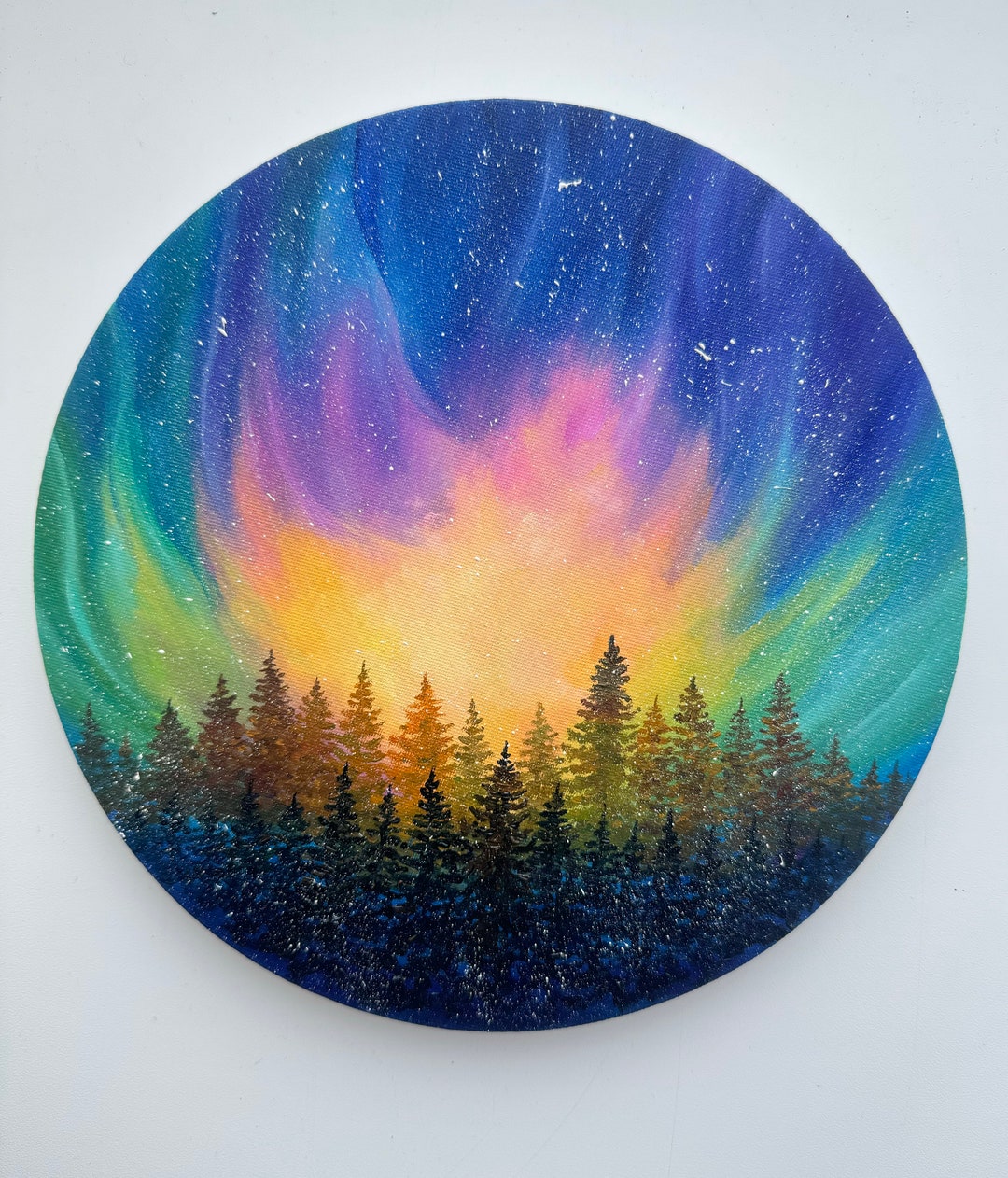 Aurora Borealis Painting Northern Lights Circle Wall Art Night Sky ...