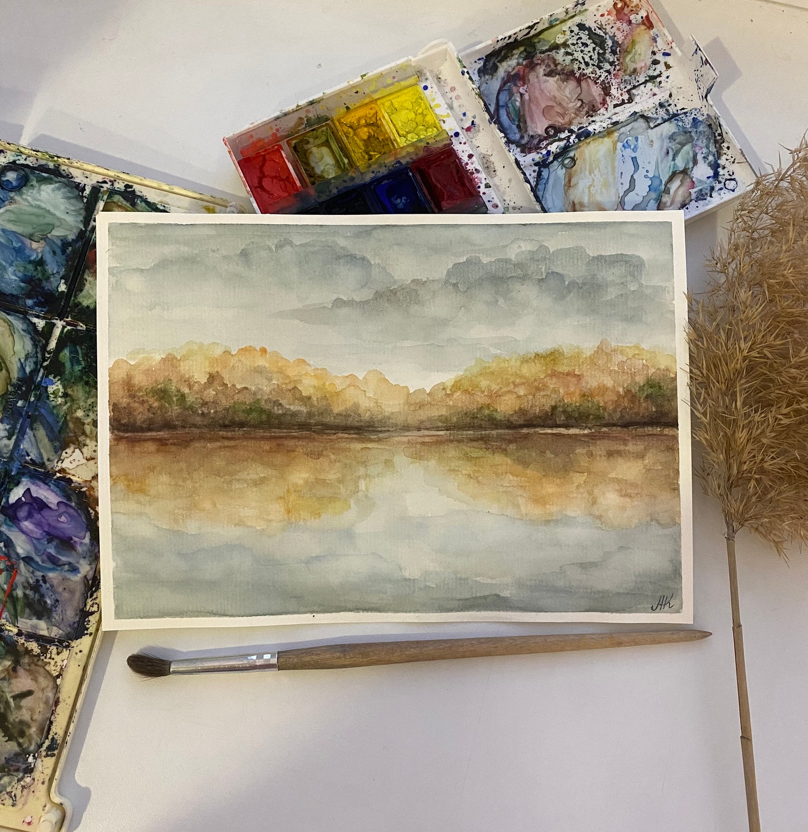 Misty Lake Watercolor Painting: Original Fall Landscape Art (8x6 Inch ...