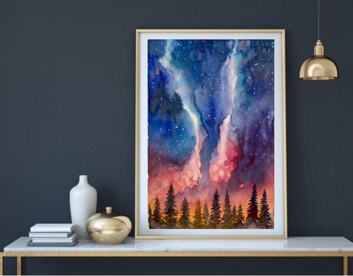 Night Sky Painting Original Art Watercolor Forest Wall Art | Etsy