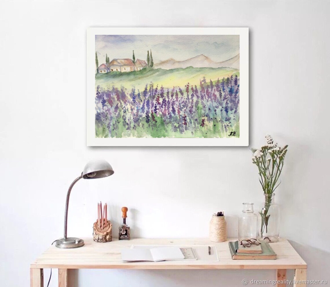 Watercolor Lavender Field Art Print Countryside Field Painting | Etsy