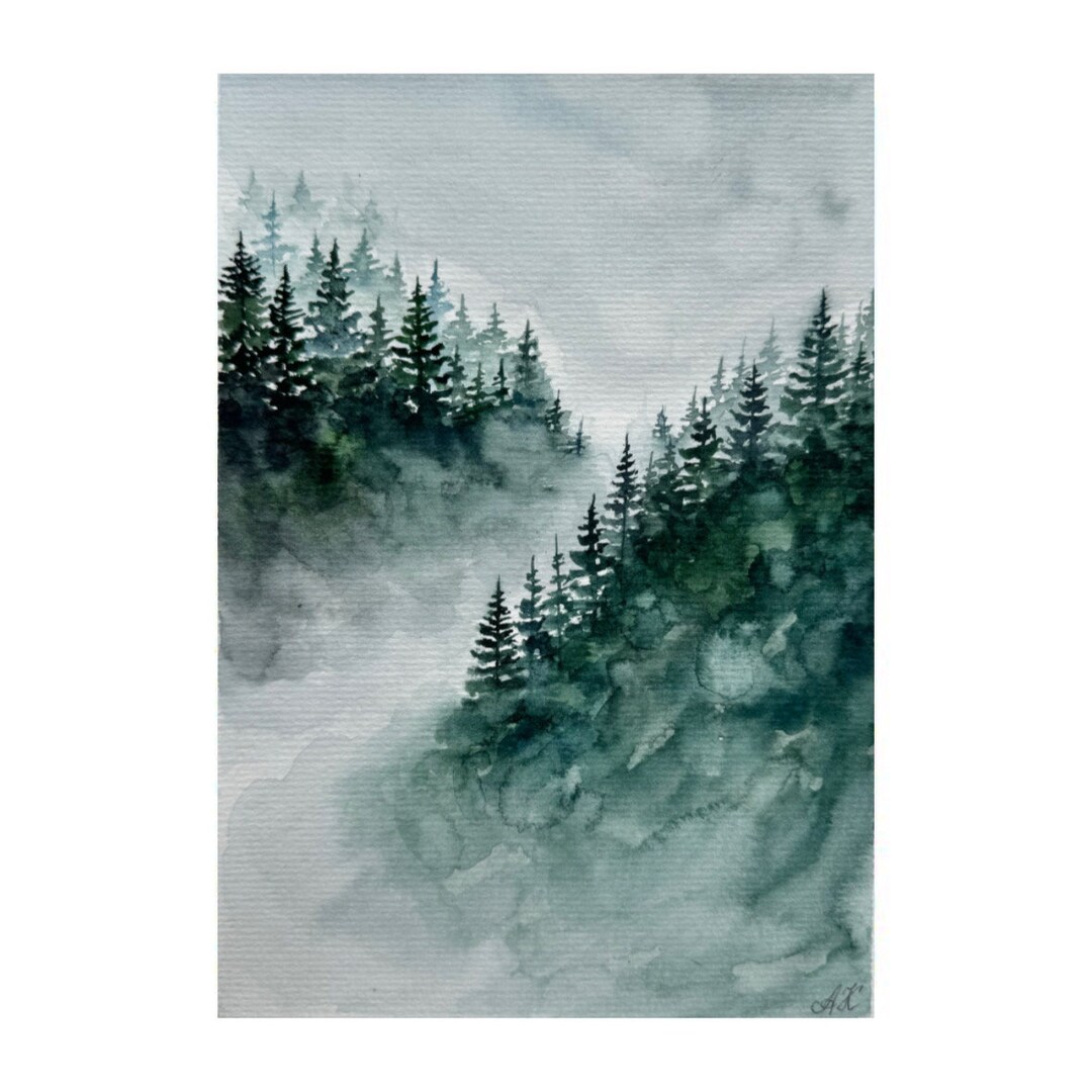 Original Pinewood Watercolor Painting: Coniferous Forest Landscape Art ...