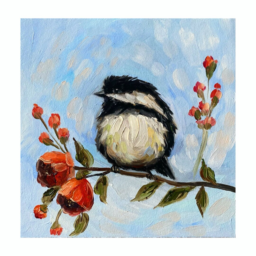 Chickadee Oil Painting: Small Bird Art, Palette Knife Impasto (6x6 ...