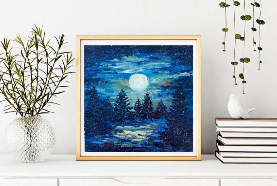 Full Moon Landscape Painting Pine Trees Original Art Night - Etsy