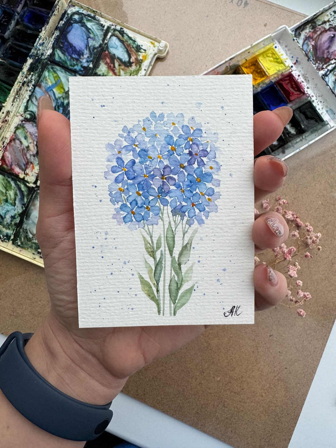 Forget-me-not Painting ACEO Original Watercolor Art Floral Artwork Blue ...