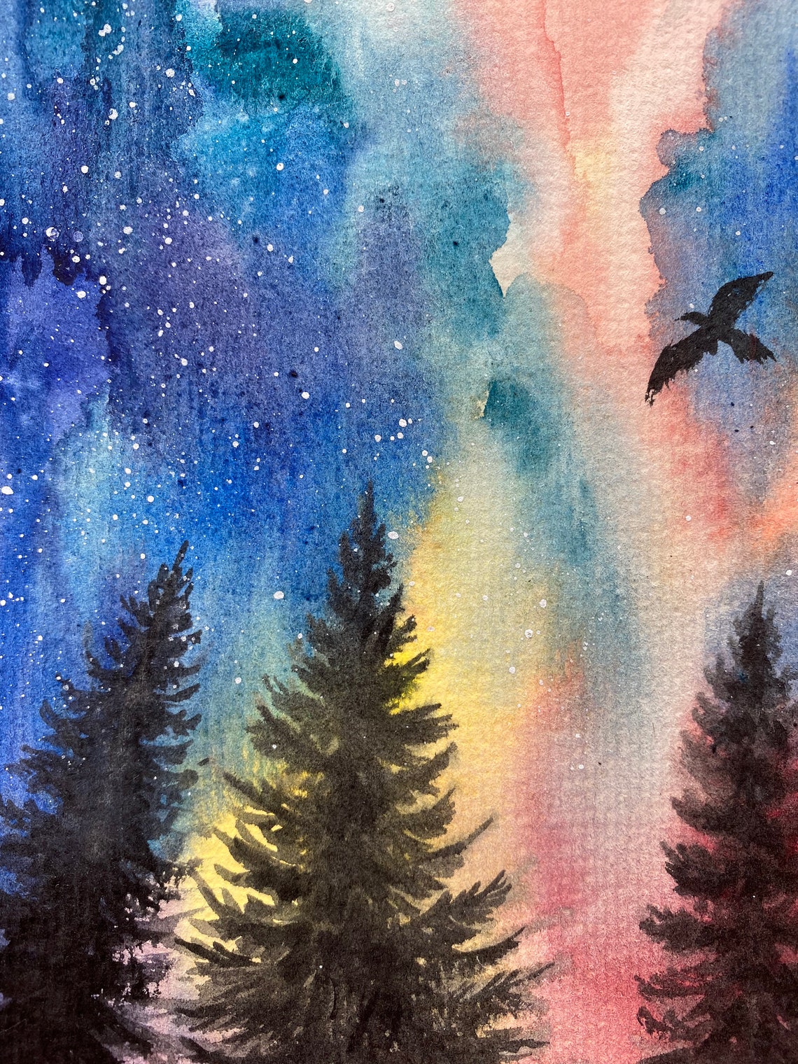 Night Forest Painting Original Art Watercolor Forest Wall Art | Etsy