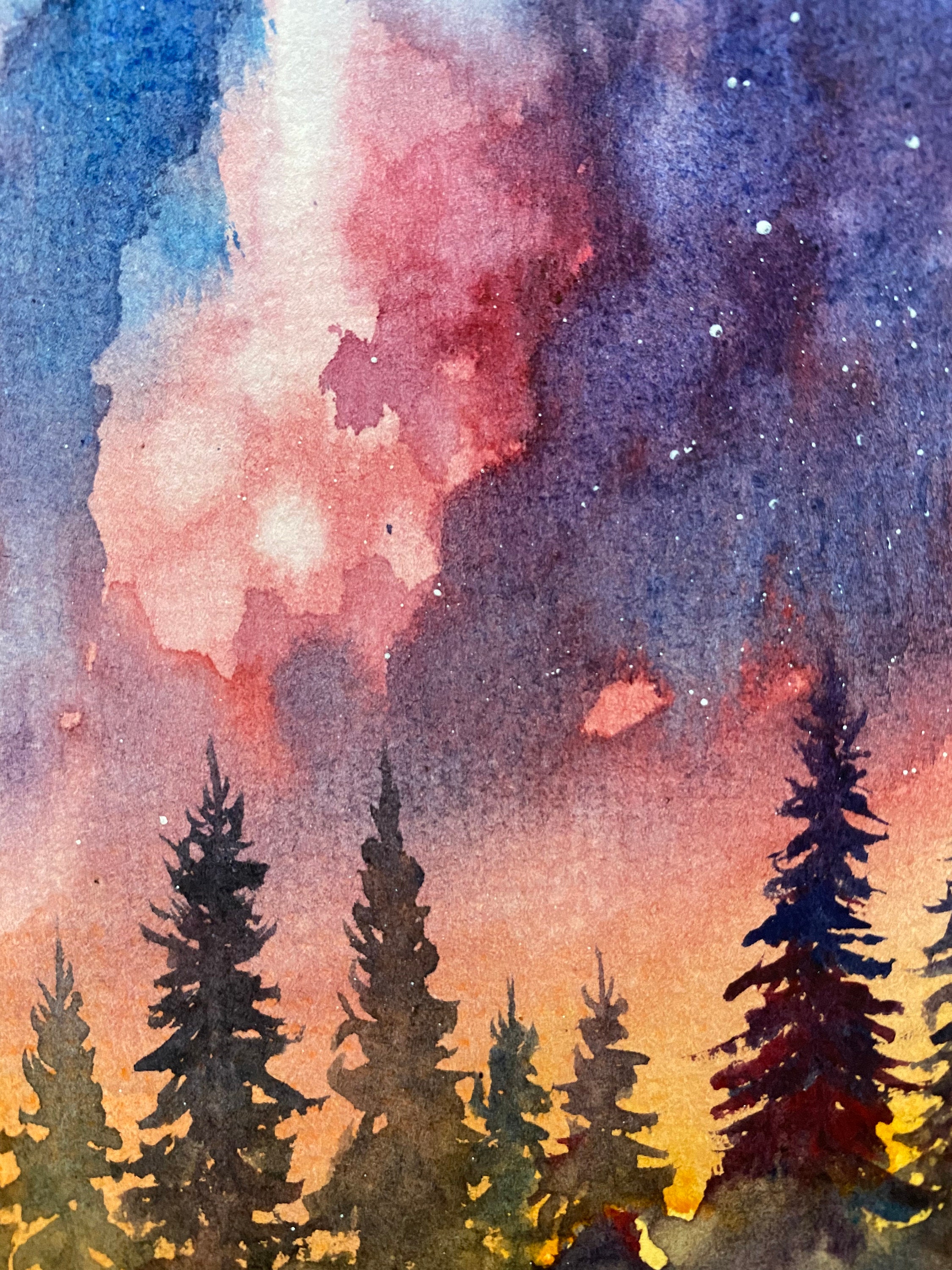 Night Sky Painting Original Art Watercolor Forest Wall Art | Etsy