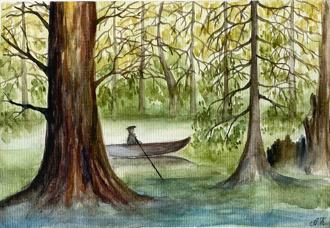 Louisiana Swamp Watercolor Painting: Cypress Trees Landscape Art (6x8 ...