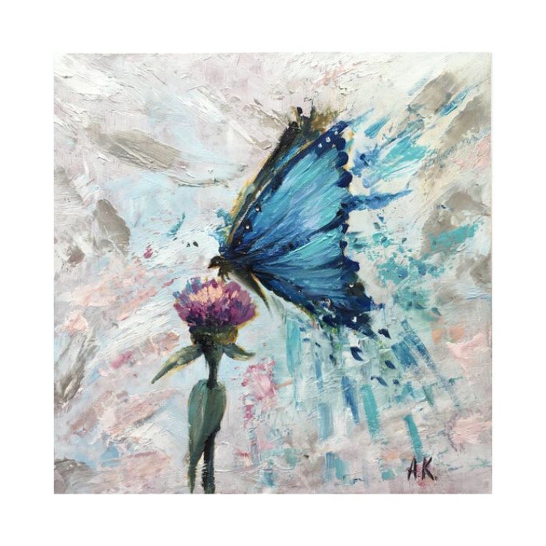 Butterfly Painting Blue Monarch Original Arwork Small Floral Oil ...