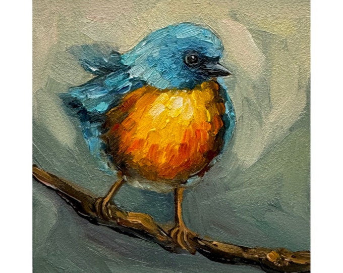 Bird Oil Painting Blue Bird Artwork Bird Semi Abstract Wall Decor Oil ...