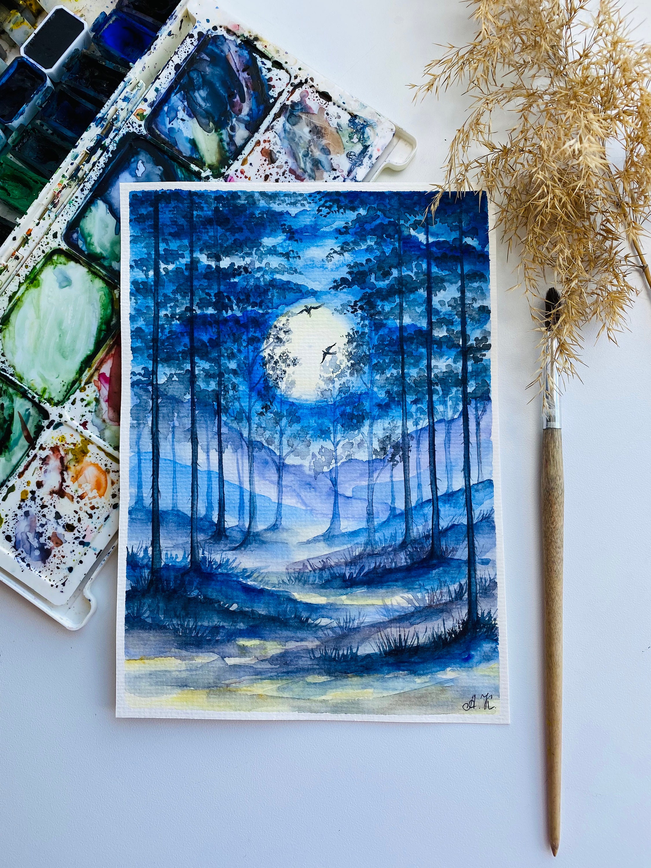 Full Moon Landscape Painting Watercolor Original Art Night - Etsy