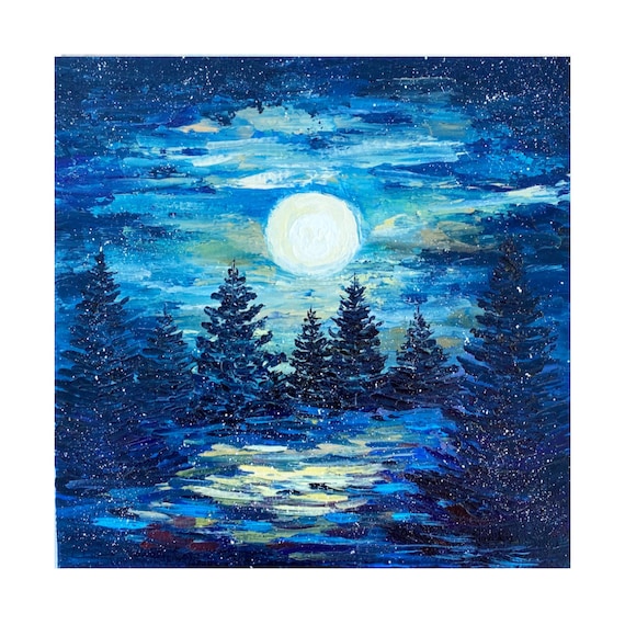 Full Moon Landscape Painting Pine Trees Original Art Night - Etsy