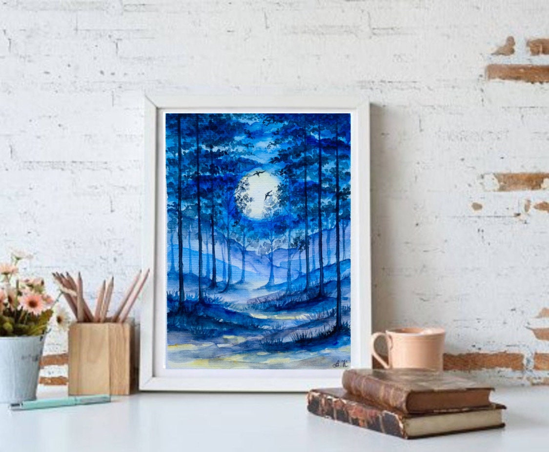Full Moon Landscape Painting Watercolor Original Art Night - Etsy