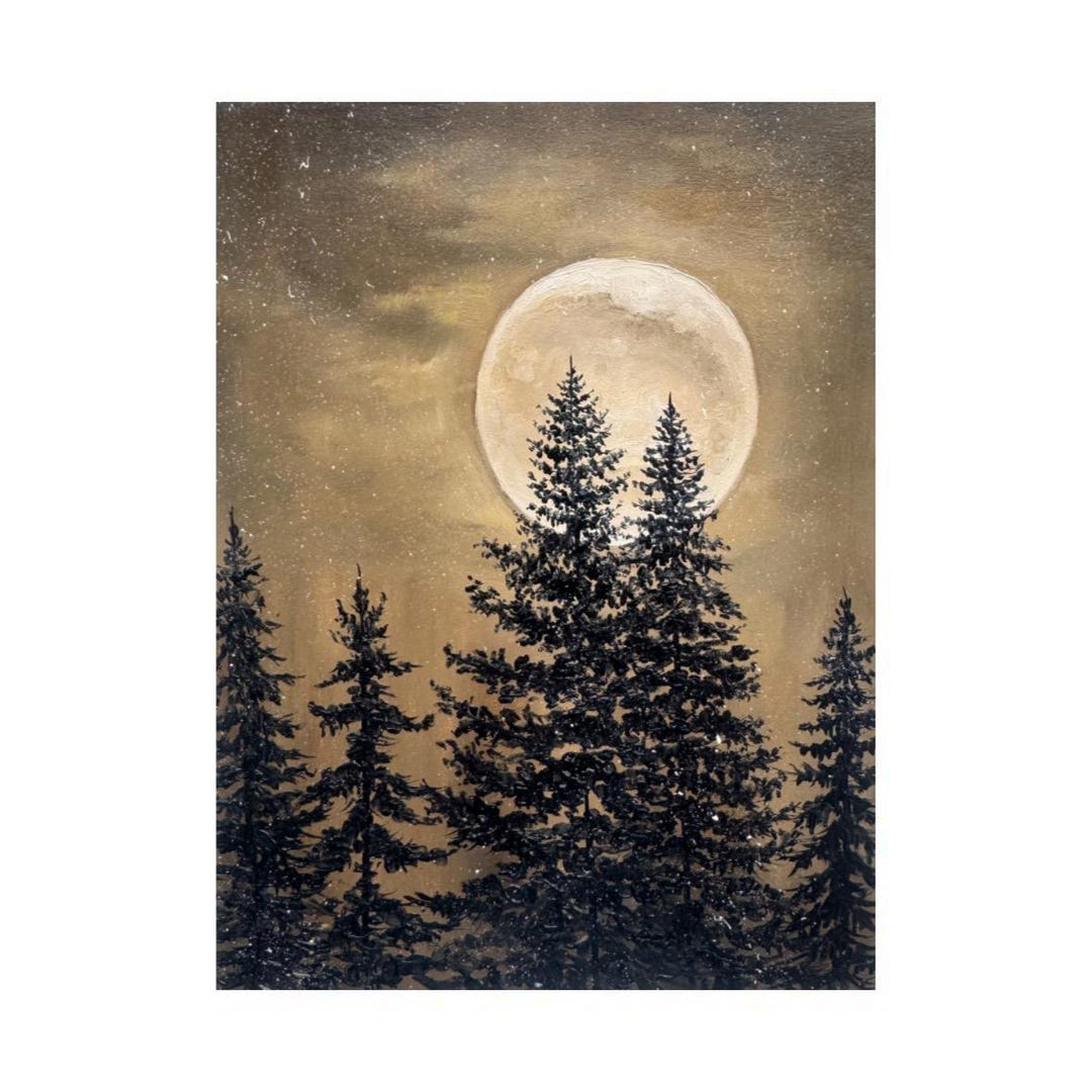 Full Moon Landscape Painting Pine Trees Original Art Night Forest Oil Painting Moonlight Wall ...