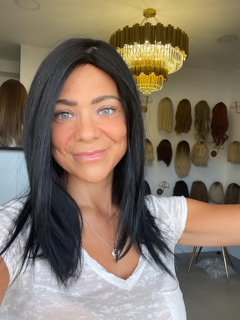 Wig 100% Remy Black Human Hair, Black 20”, Silk Top With Lace, Jewish ...