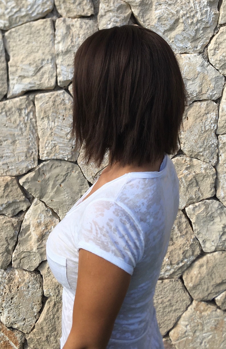 Wig Natural Dark Brown Choppy Bob Wig, Hand Made, Personalised ...