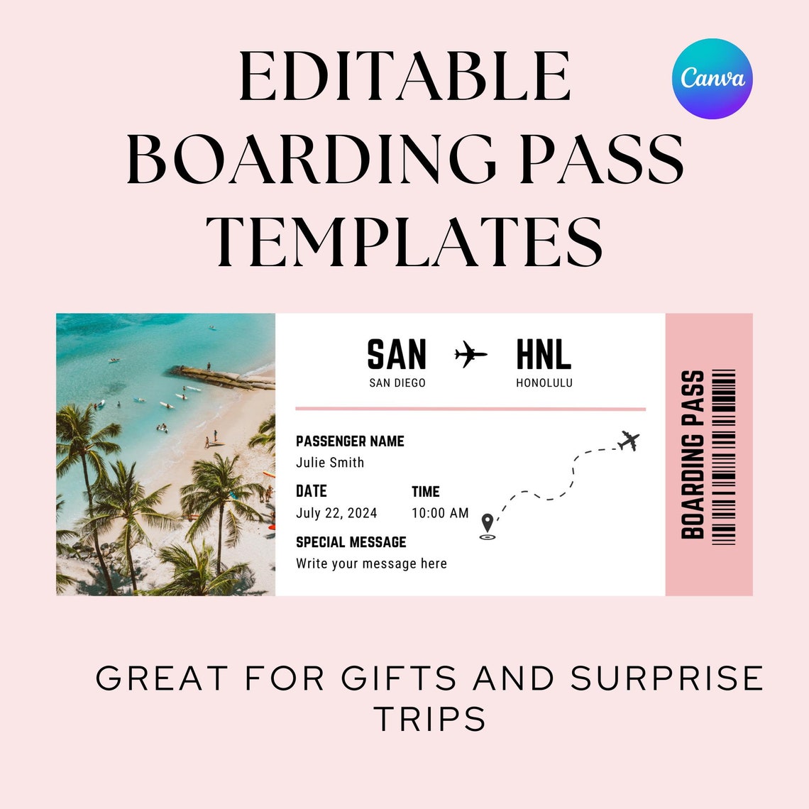 Editable Boarding Pass Templates, Surprise Gift Trip, Canva Editable ...