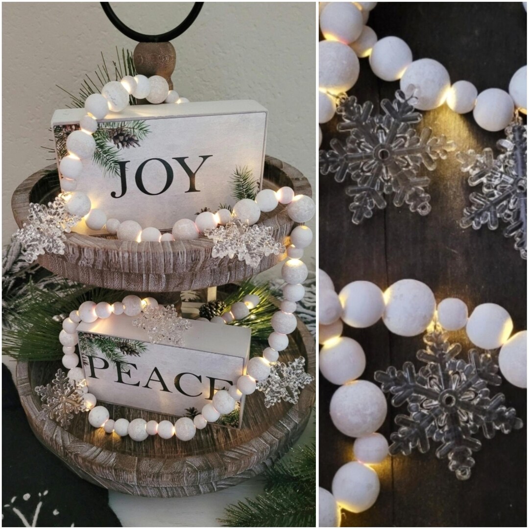 Lighted Snowflake Wood Bead Garland, Fairy Light Garland, Winter Wood ...