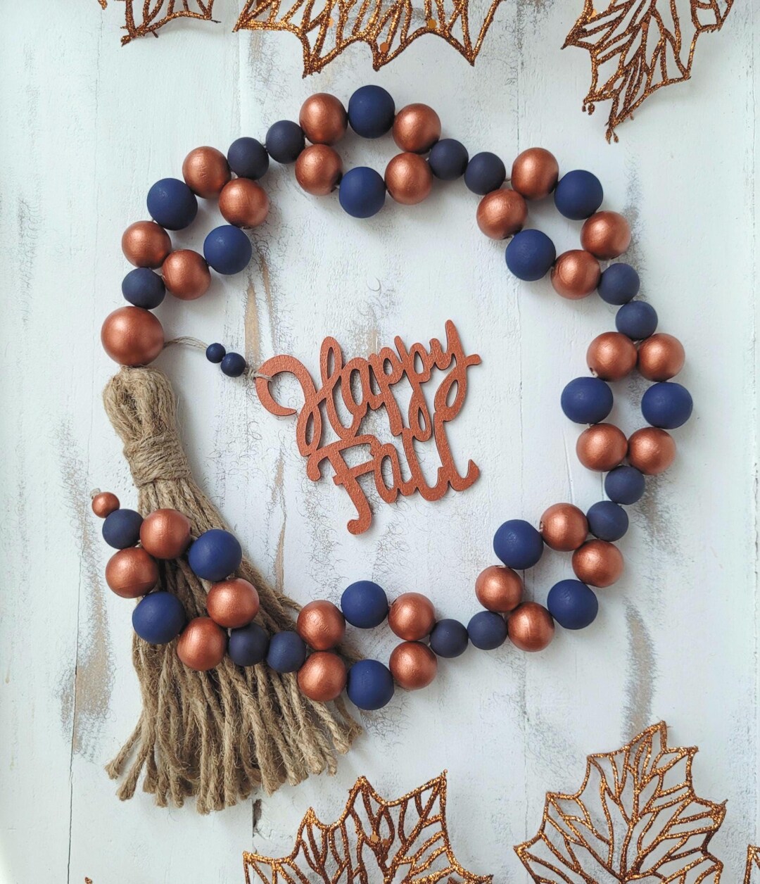 Fall Wood Bead Garland, Navy and Copper Wood Bead Garland, Happy Fall ...