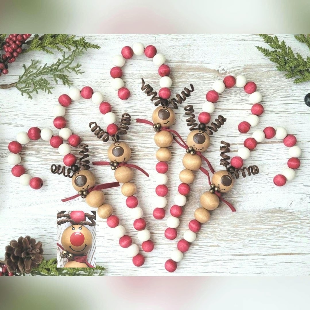 Farmhouse Wood Bead Candy Canes, Reindeer Wood Bead Ornaments, Candy ...