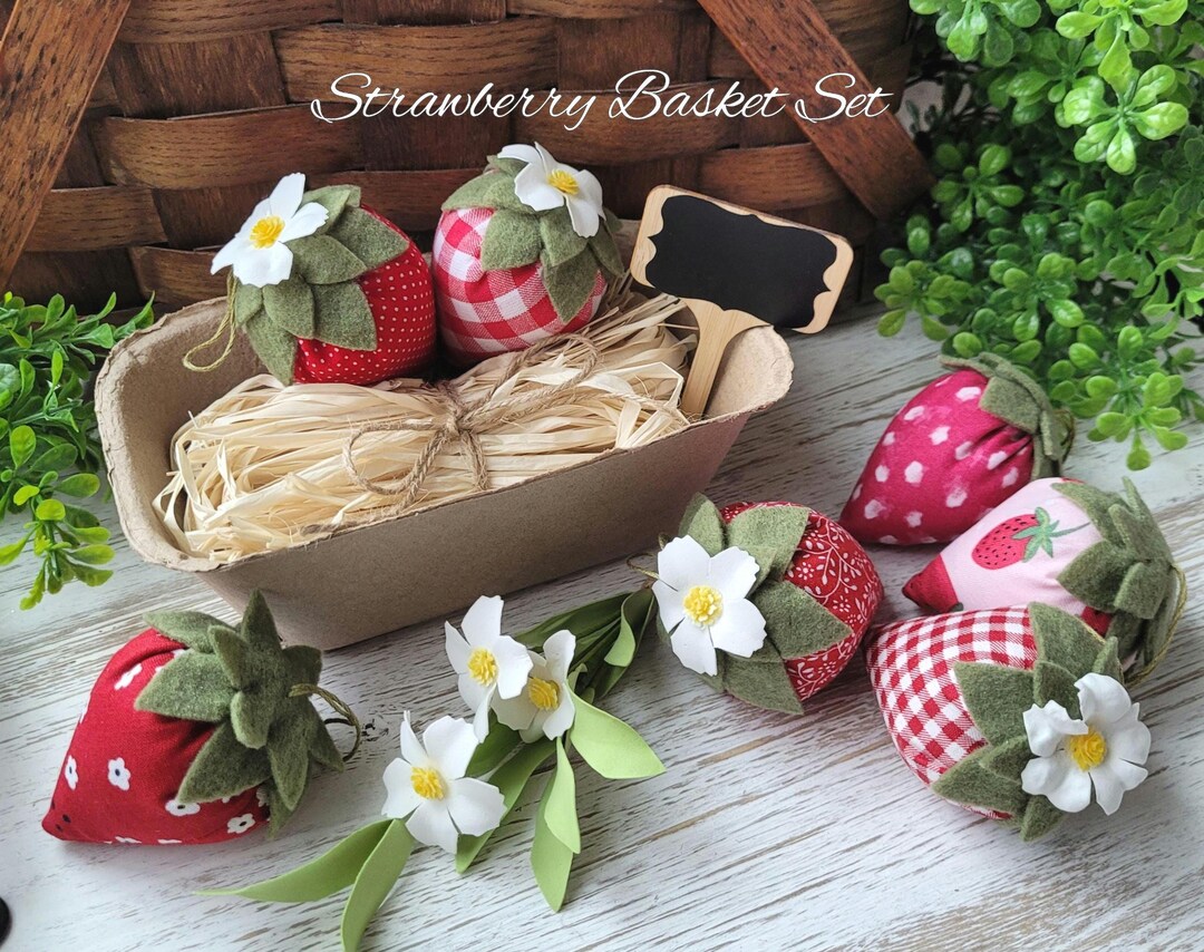 Fabric Strawberries Set, Vintage Style Strawberries, Farmhouse Fruits Veggies, Stuffed ...