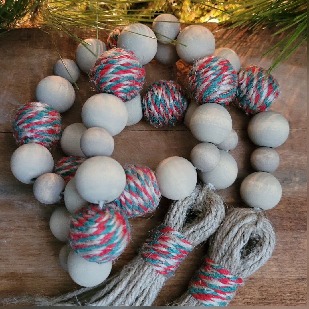 Christmas Wood Bead Garland, Farmhouse Holiday Beaded Garland, Red ...